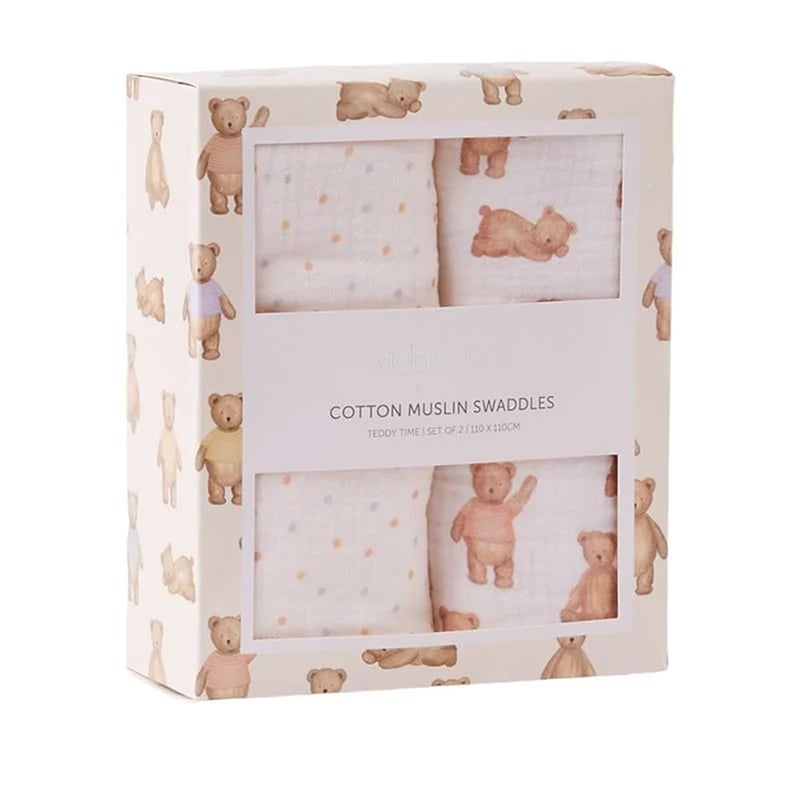 Adairs Kids - Natural Teddy Time Cotton Muslin Baby Swaddles 2pk | Adairs