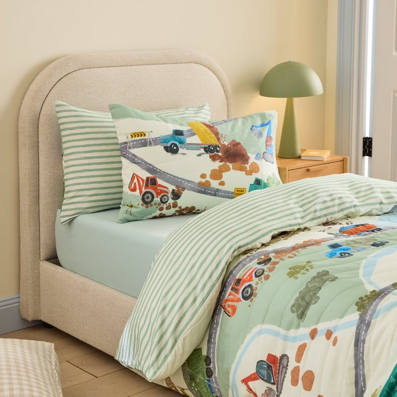 Adairs Kids - Diggers Work Zone Green Quilted Quilt Cover Set | Adairs