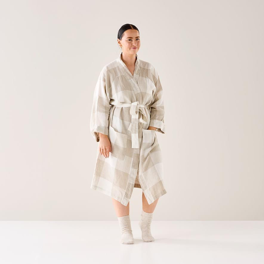 Vintage Washed Linen Large Linen Check Robe | Adairs
