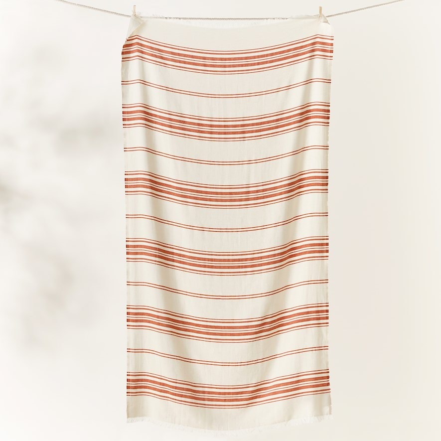 European Turkish Peshtemal Terracotta & Natural Stripe Beach Towel | Adairs