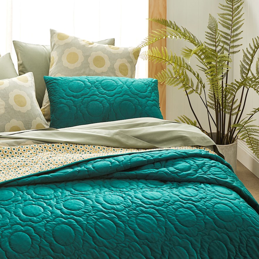 Flowerburst Velvet Green Quilted Coverlet Separates | Adairs