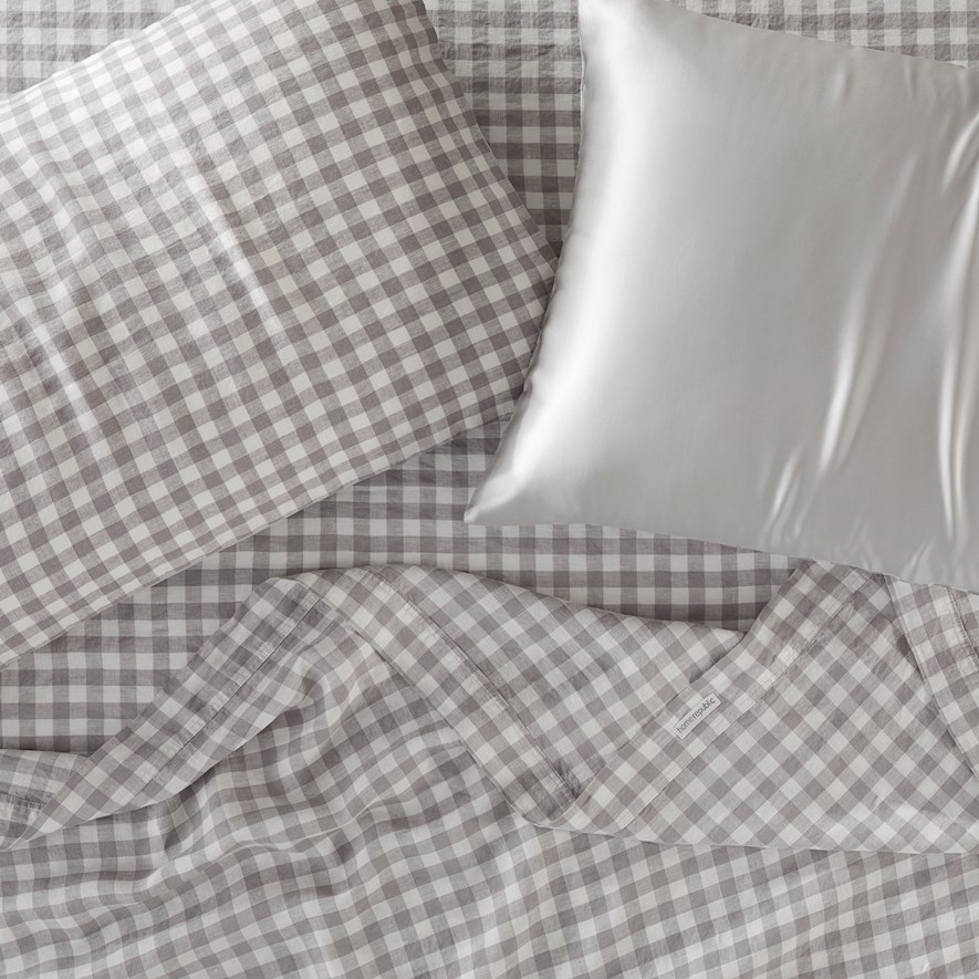Vintage Washed Linen Silk Grey Check Pillowcase Pair | Adairs