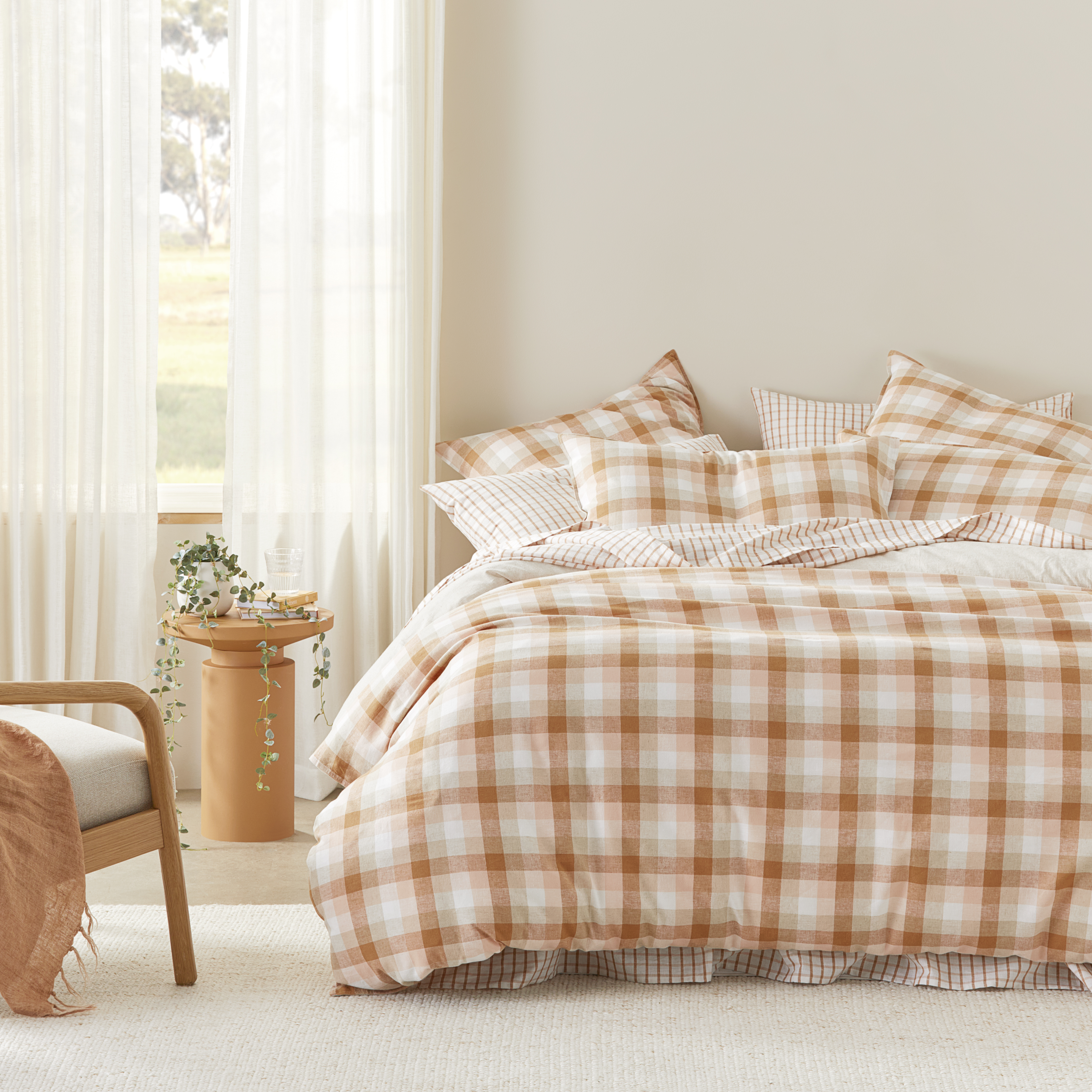 Vintage Washed Linen Cotton Earth Check Pillowcases | Adairs