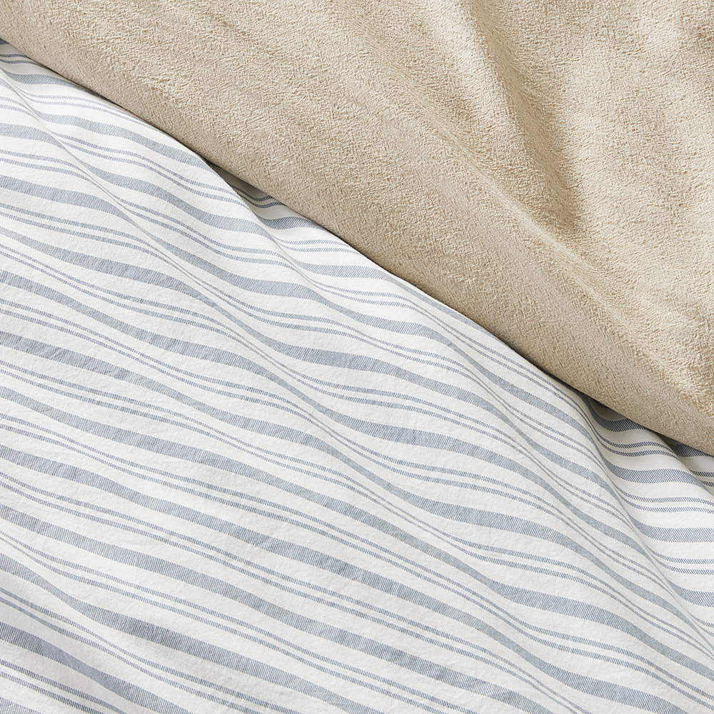 Olsen Printed Natural & Blue Stripe Linen Cotton Quilt Cover Set ...