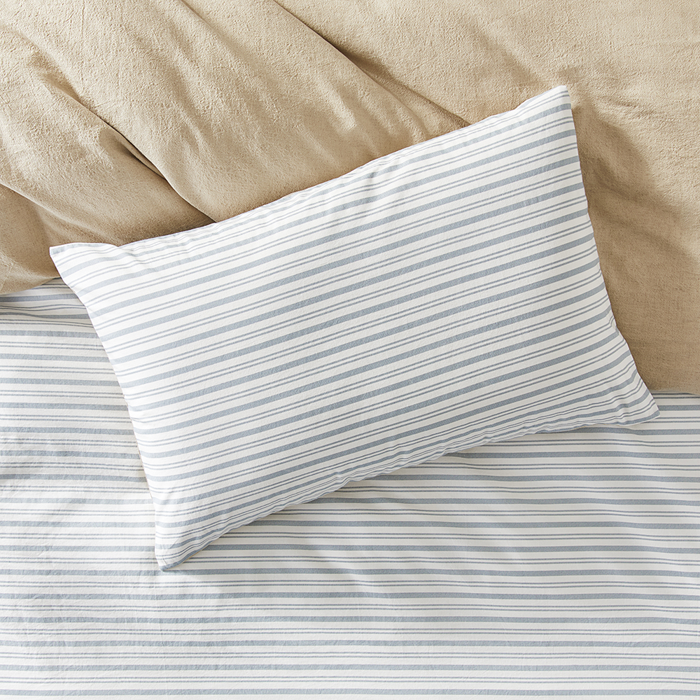 Olsen Printed Natural & Blue Stripe Linen Cotton Quilt Cover Set ...