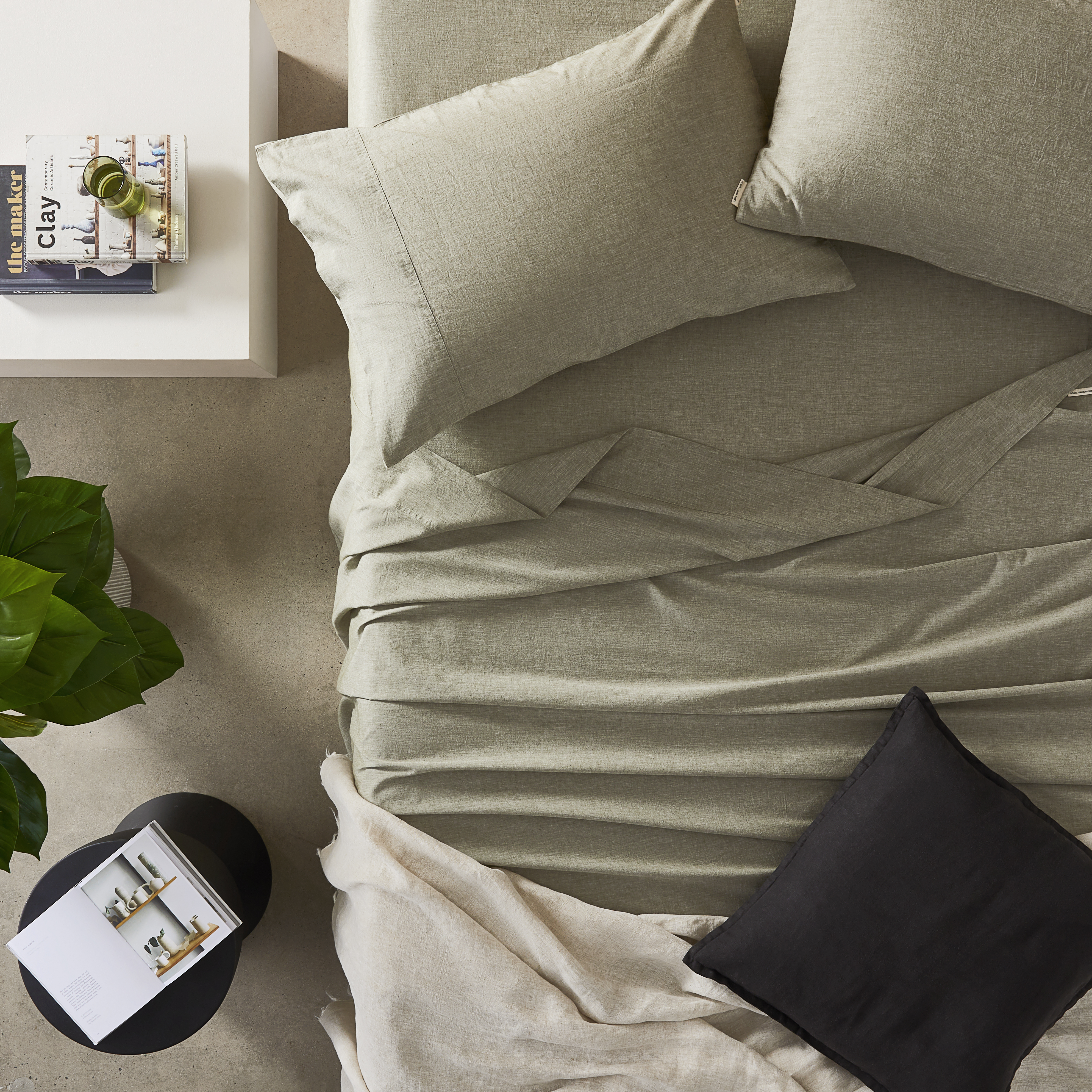 Organic Cotton Chambray Olive Sheet Set + Pillowcases | Adairs