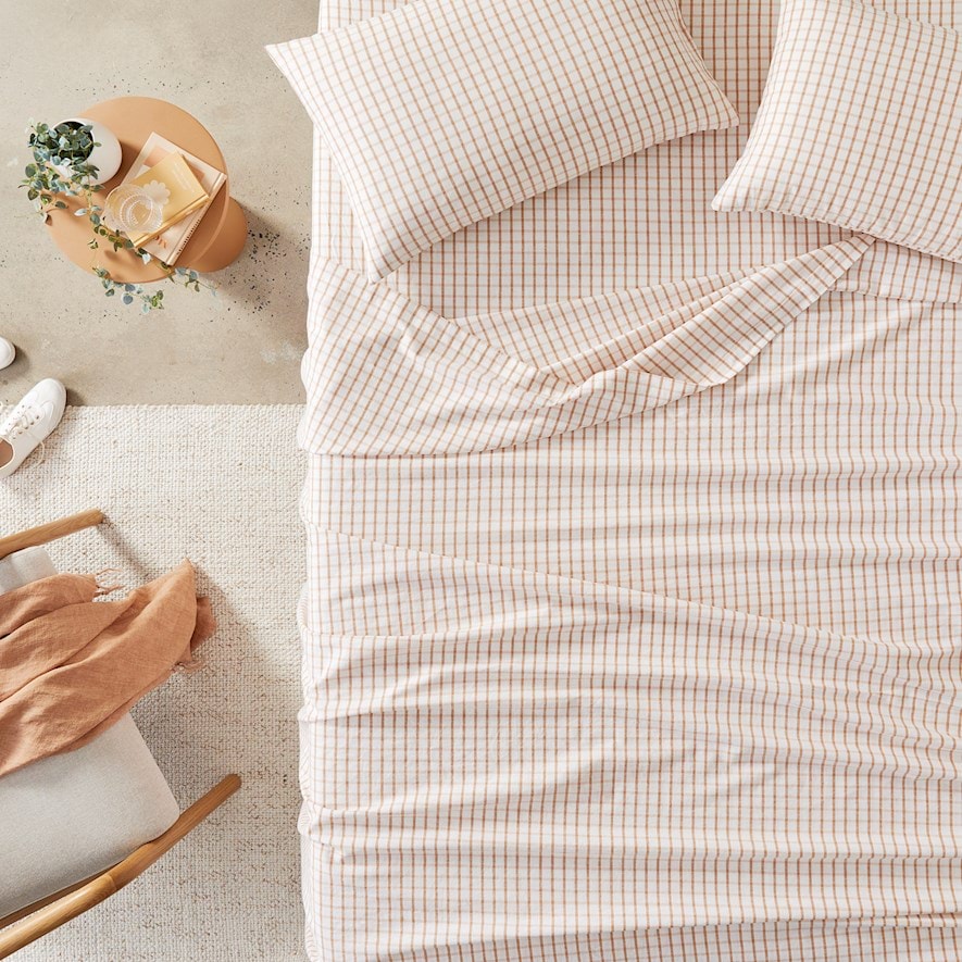 Vintage Washed Linen Cotton Earth Check Sheet Set | Adairs