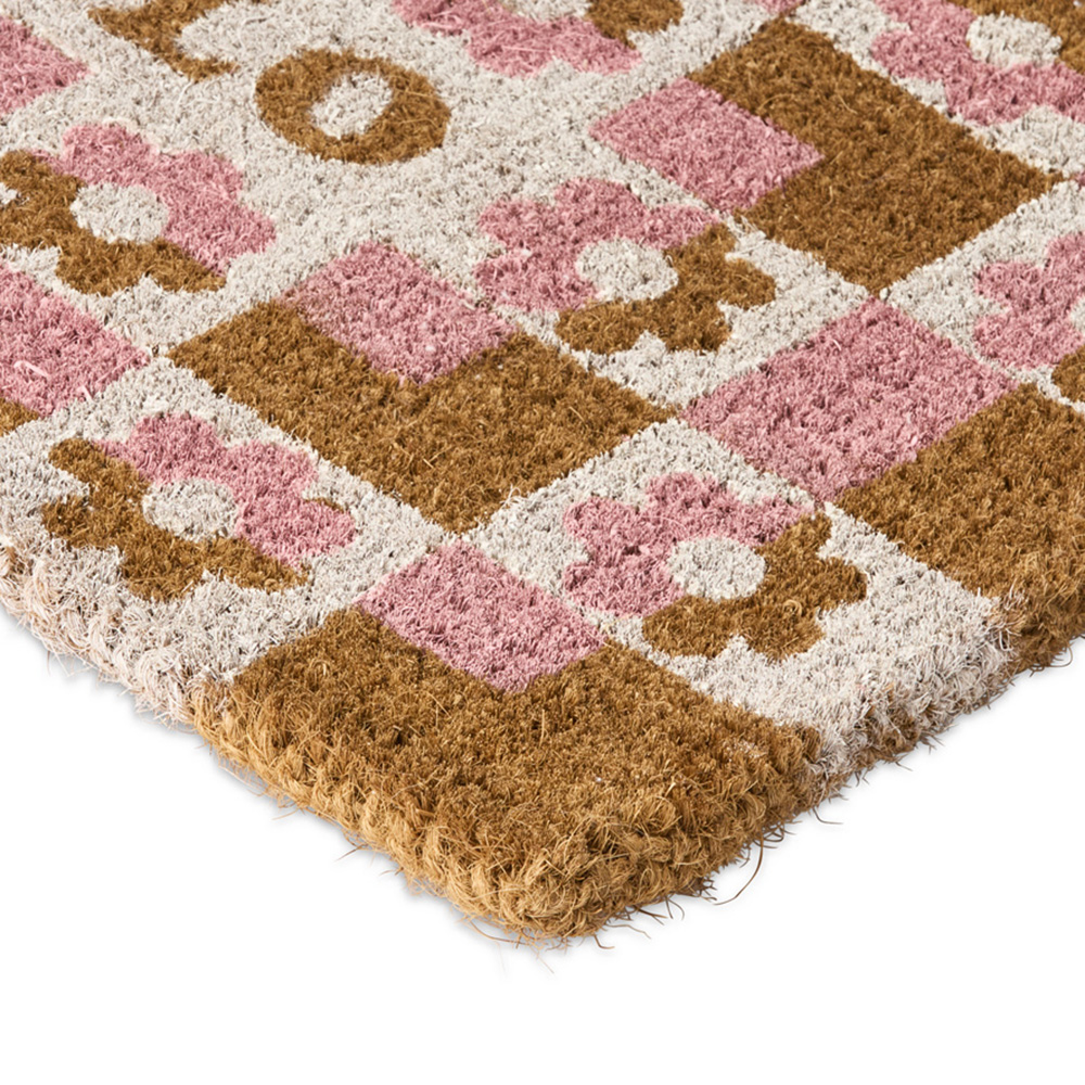 Coir Hello Retro Floral White & Pink Doormat | Adairs