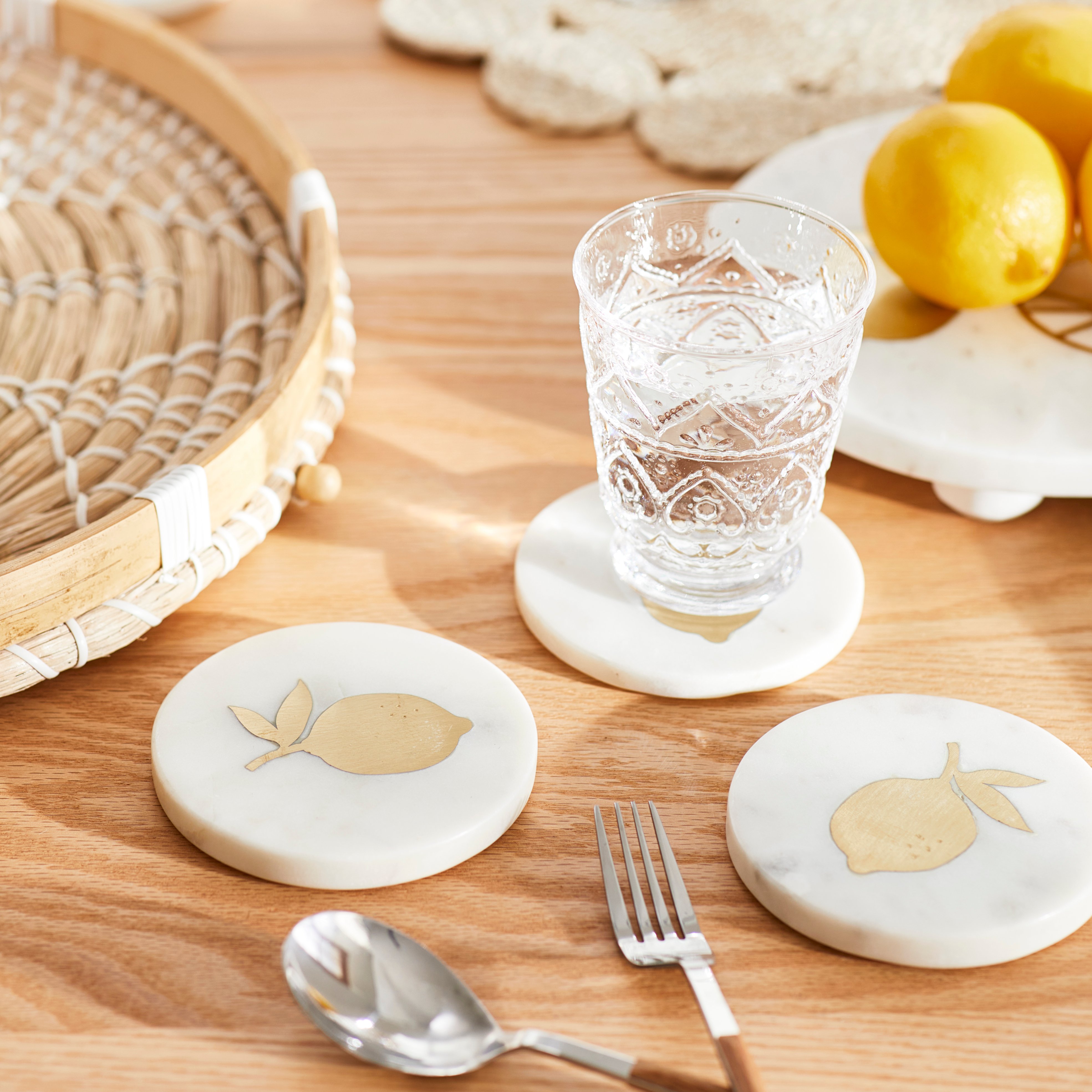 Mediterranean White & Gold Marble Lemon Coasters Pack of 4 | Adairs