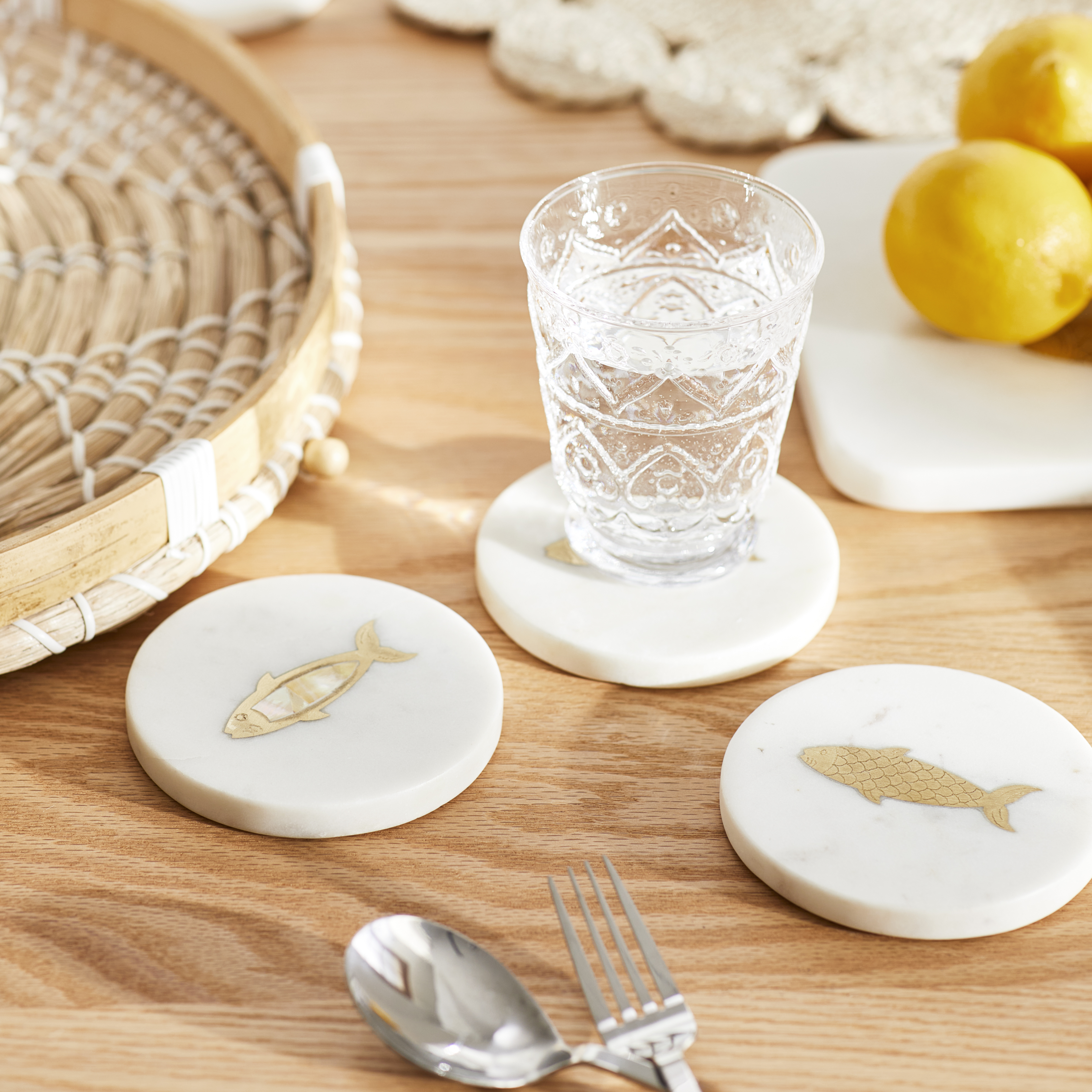 Swimming Fish White & Gold Marble Coasters Pack of 4 | Adairs
