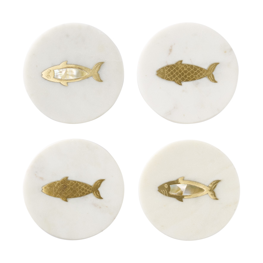 Swimming Fish White & Gold Marble Coasters Pack of 4 | Adairs