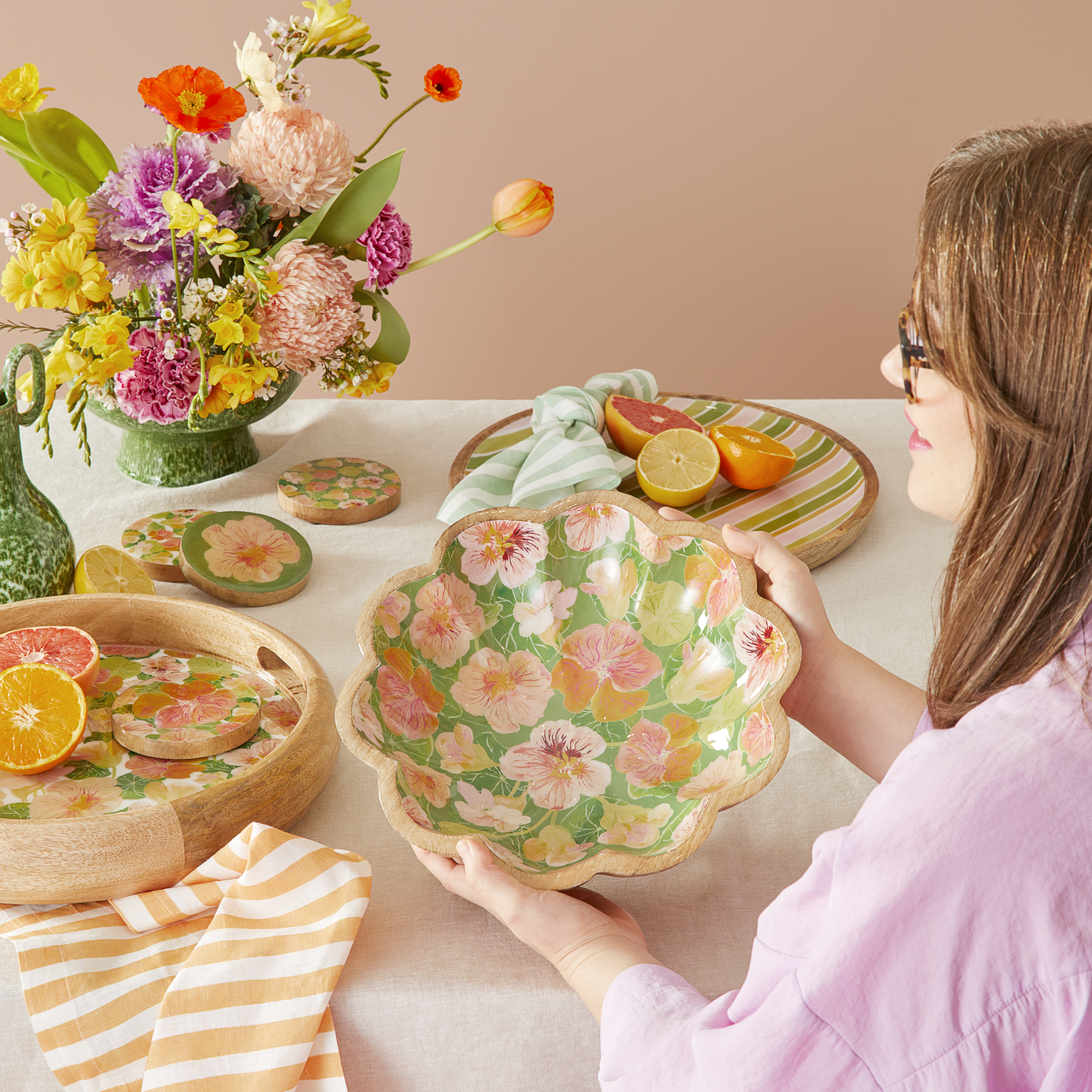 Nasturtium Floral Scallop Timber Bowl | Adairs