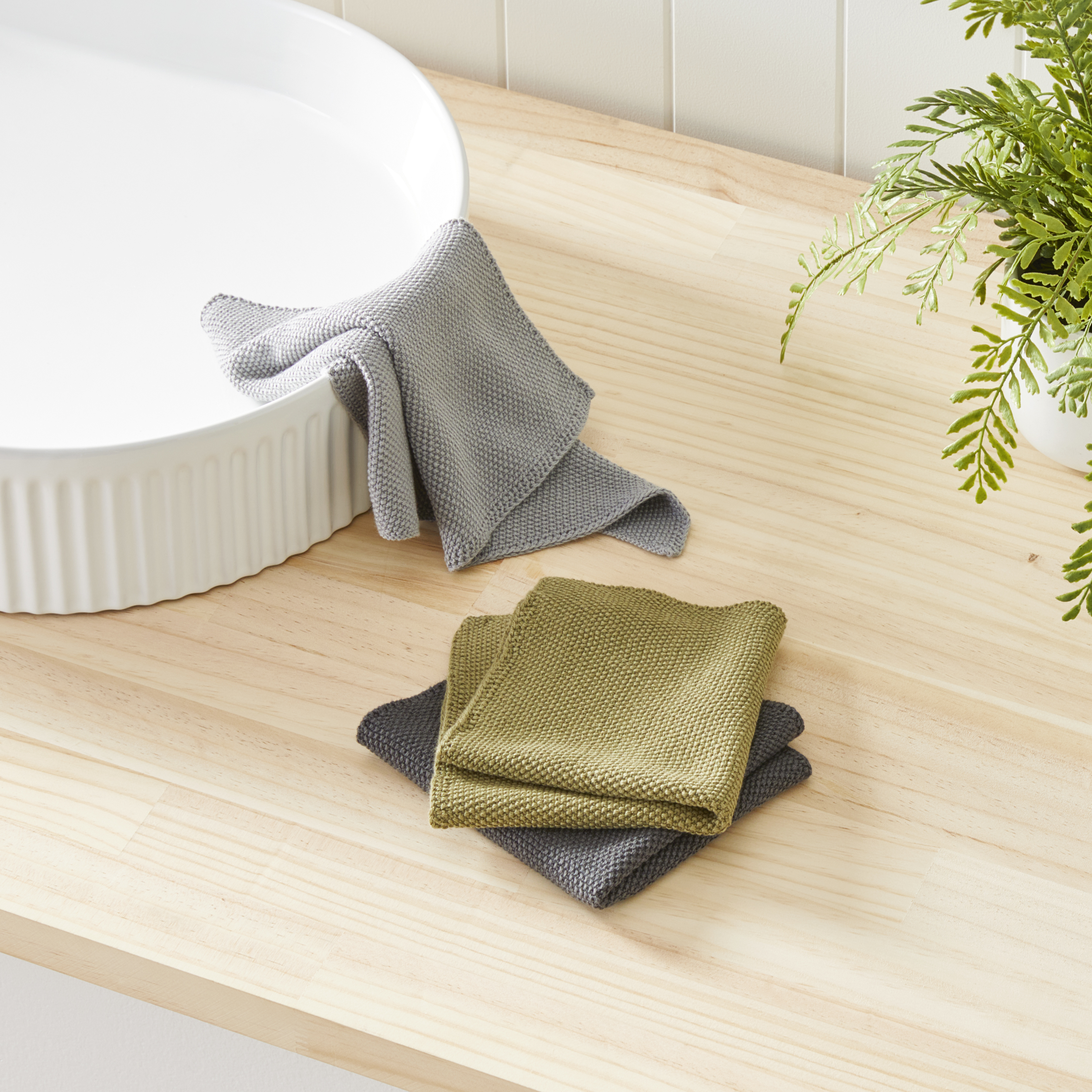 Leda Fern Grey Bamboo Cotton Dishcloth Pack of 3 | Adairs