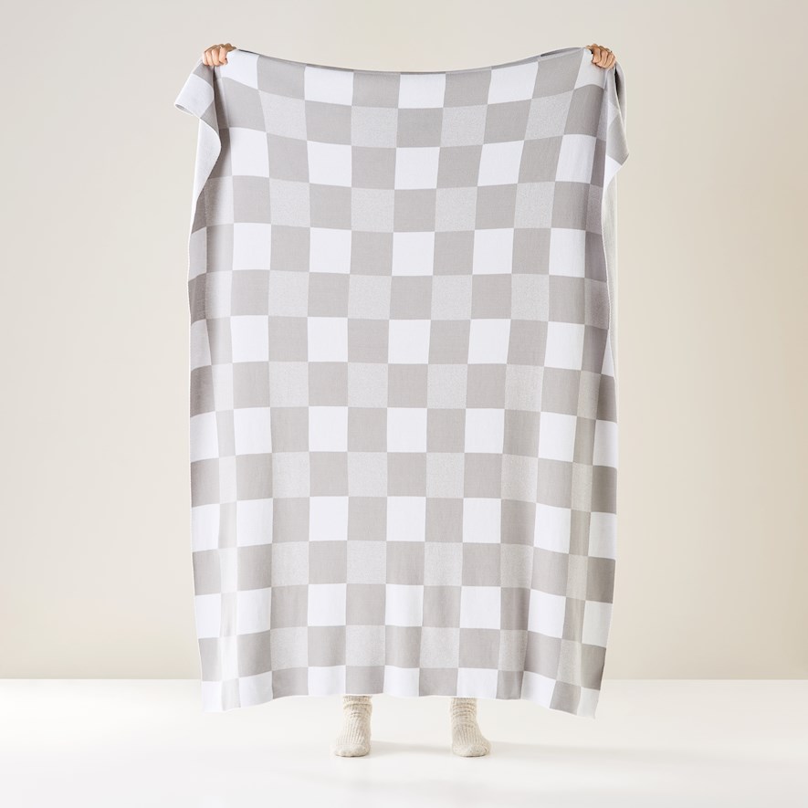 Baxter Silver & White Check Knitted Throw | Adairs