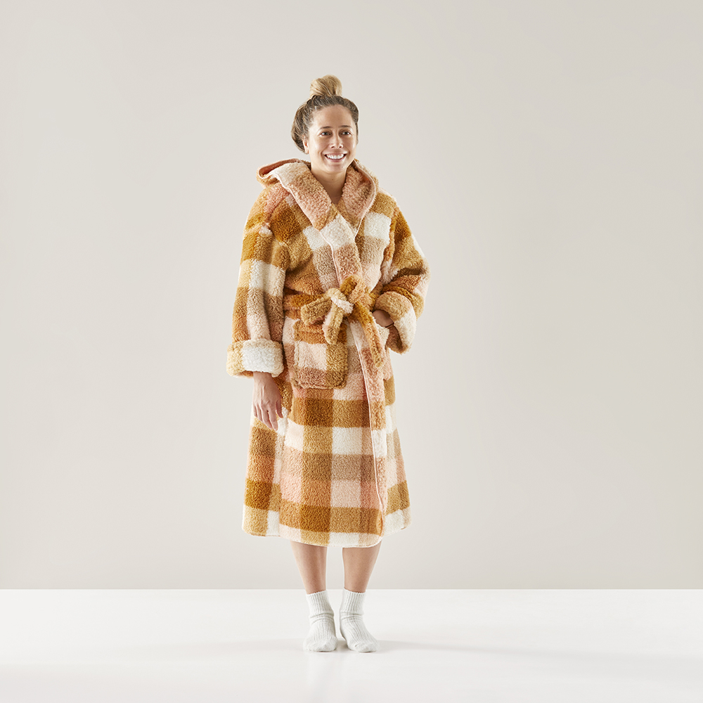 Printed Sherpa Earth Check Hooded Robe | Adairs