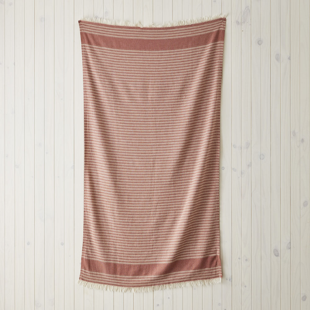 European Dusky Red & Natural Stripe Turkish Peshtemal Beach Towel | Adairs