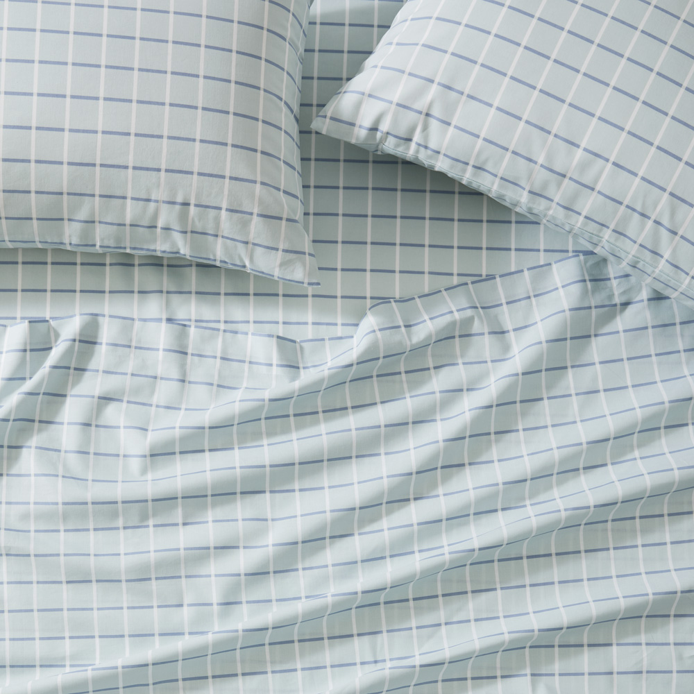 Sky Blue Grid Printed Percale Sheet Set | Adairs