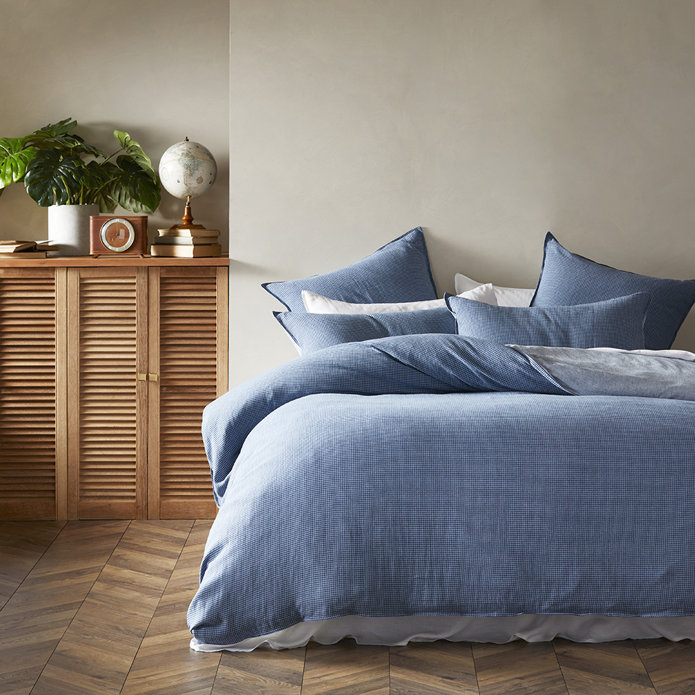 Vintage Washed Linen Cotton Storm Blue Houndstooth Quilt Cover Set ...