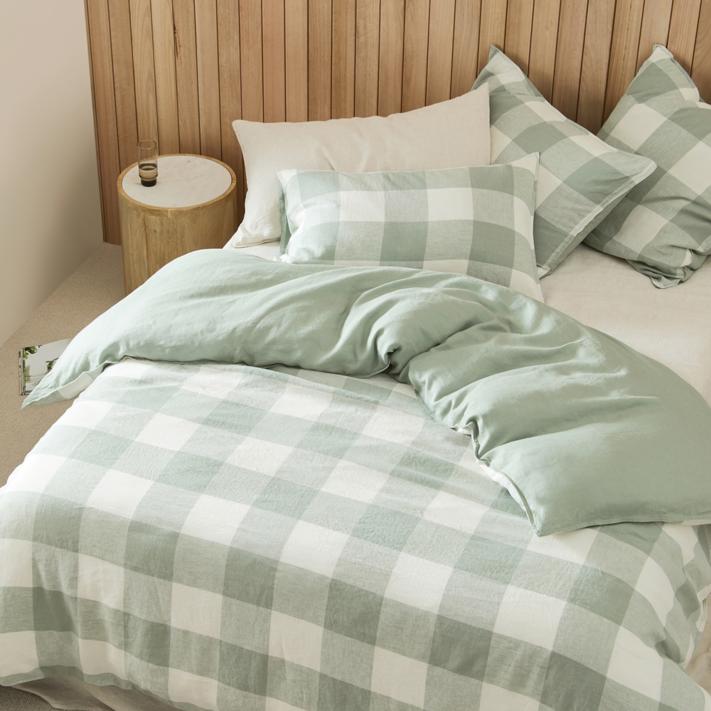 Vintage Washed Linen Large Eucalyptus Check Quilt Cover Separates | Adairs