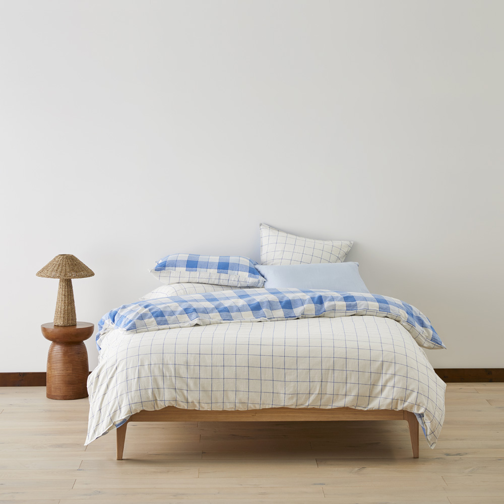 Vintage Washed Linen Cotton French Blue Check Quilt Cover Set ...
