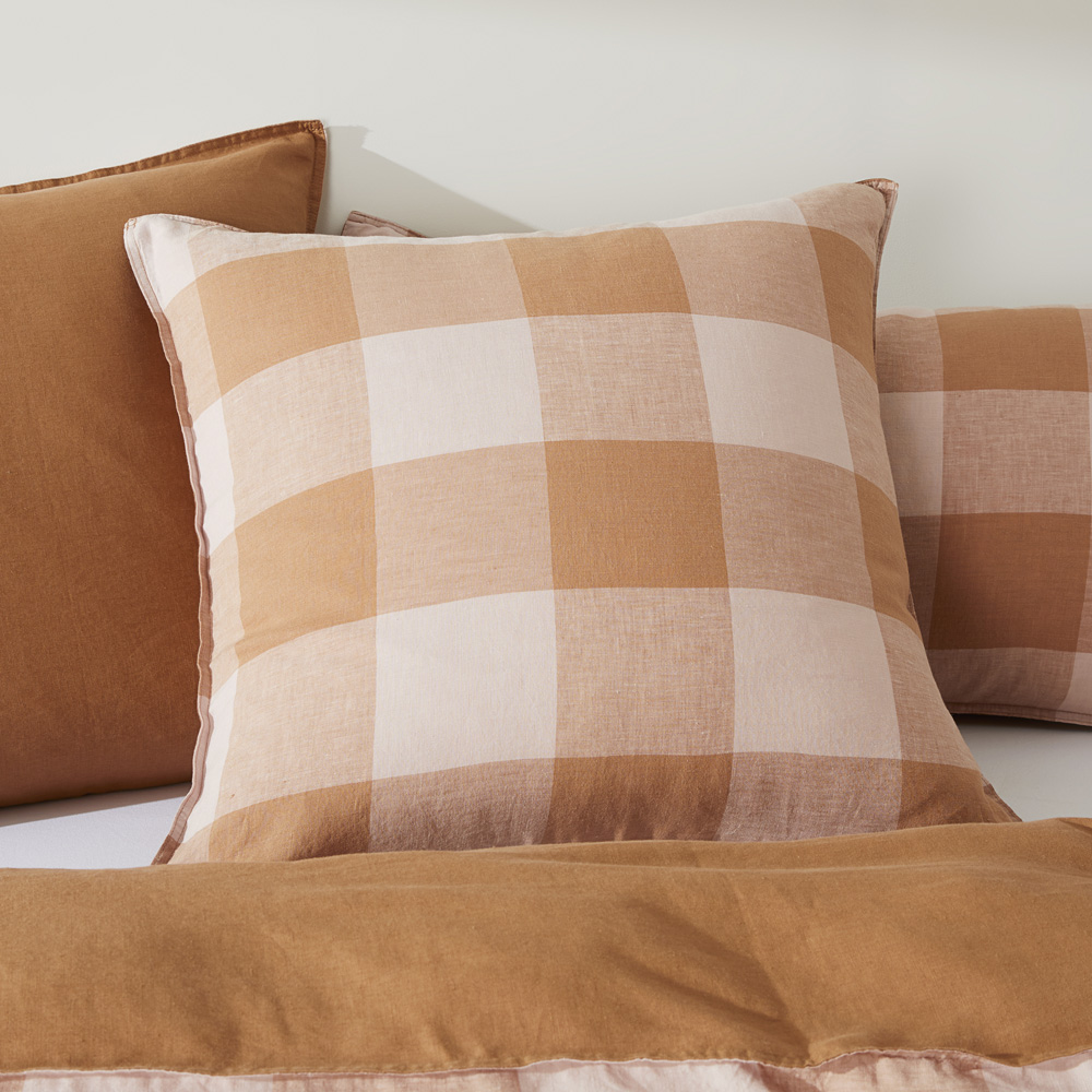 Vintage Washed Linen Large Caramel & Pink Check Quilt Cover Separates ...