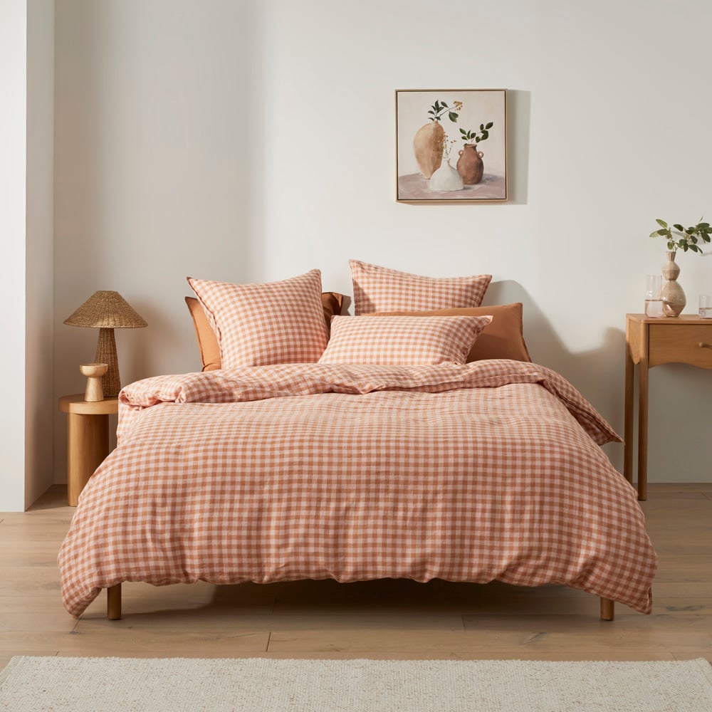 Vintage Washed Linen Caramel & Pink Check Quilt Cover + Separates | Adairs
