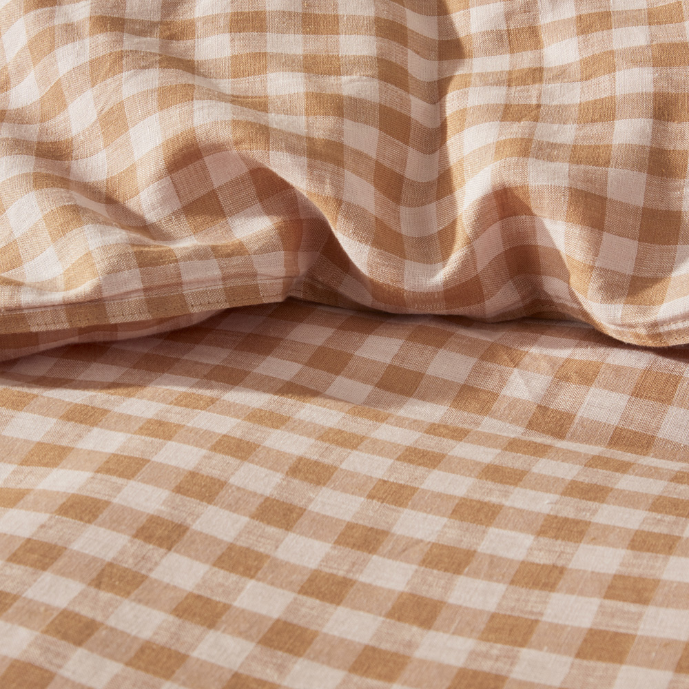 Vintage Washed Linen Caramel & Pink Check Quilt Cover + Separates | Adairs