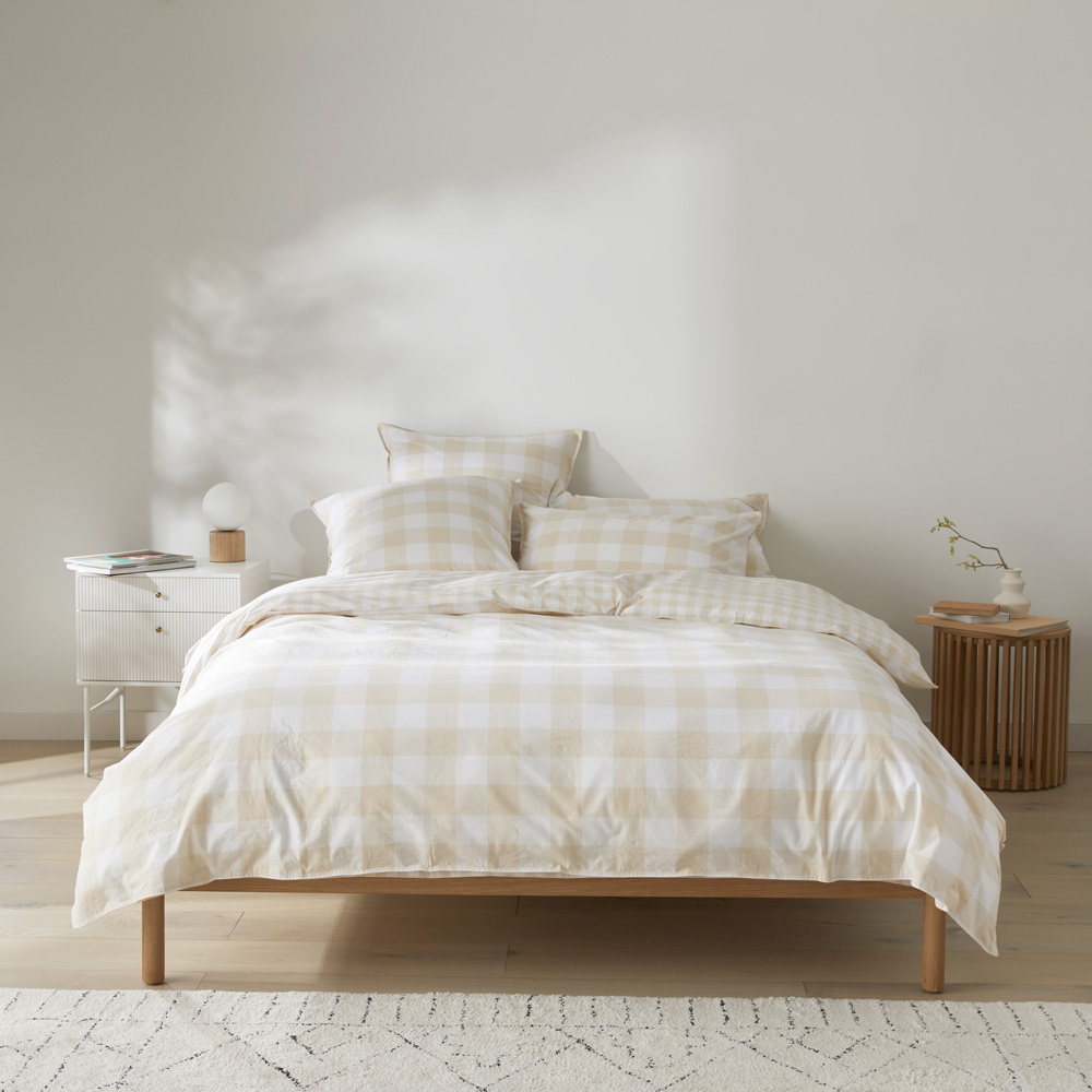Stonewashed Cotton Printed Sand Gingham Quilt Cover Separates | Adairs