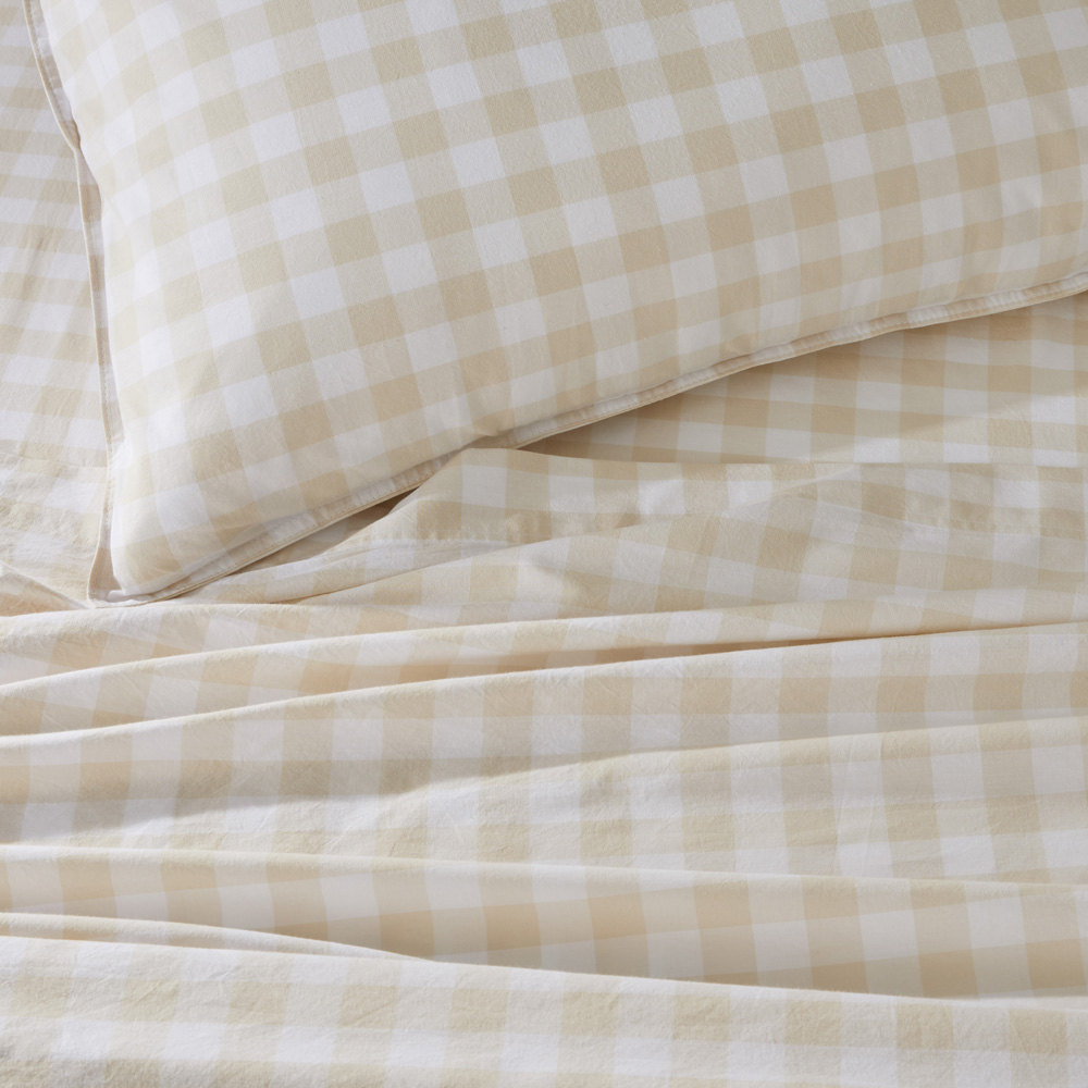 Stonewashed Cotton Printed Sand Gingham Sheet Set | Adairs