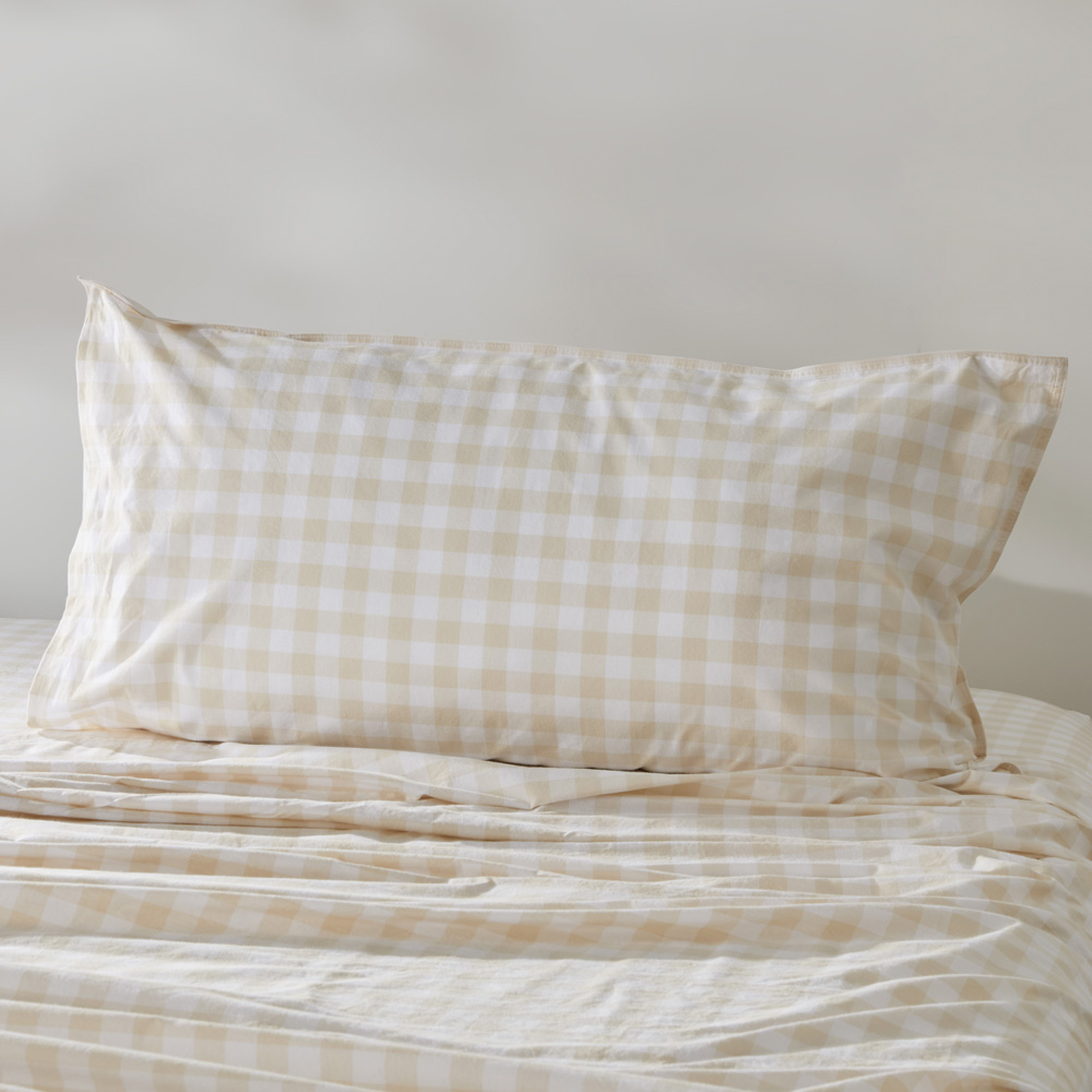 Stonewashed Cotton Printed Sand Gingham Sheet Separates | Adairs