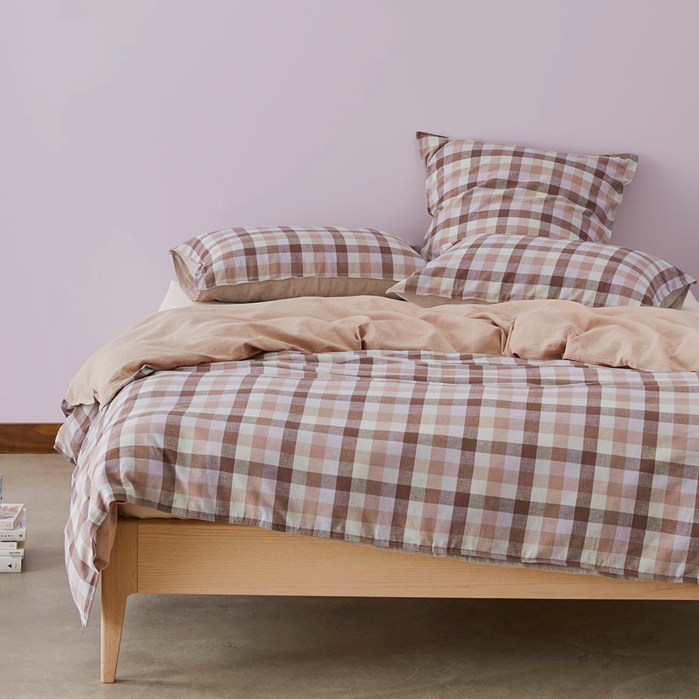 Vintage Washed Linen Cotton Mauve Check Quilt Cover Set + Separates ...
