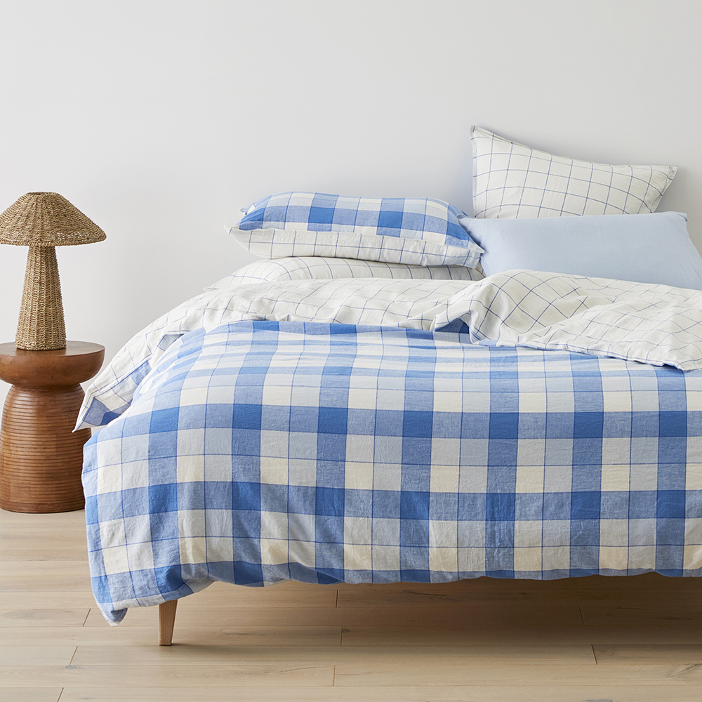 Vintage Washed Linen Cotton French Blue Check Quilt Cover Set ...
