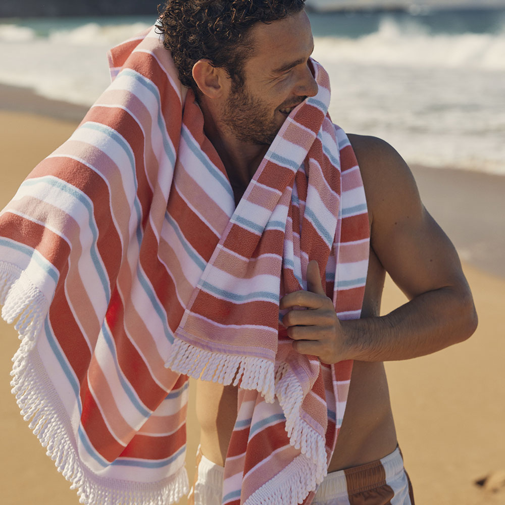 Velour Ocean Stripe Red Beach Towel | Adairs