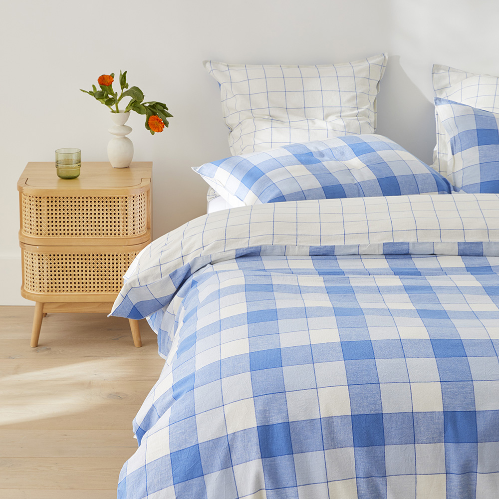 Vintage Washed Linen Cotton French Blue Check Quilt Cover Set ...