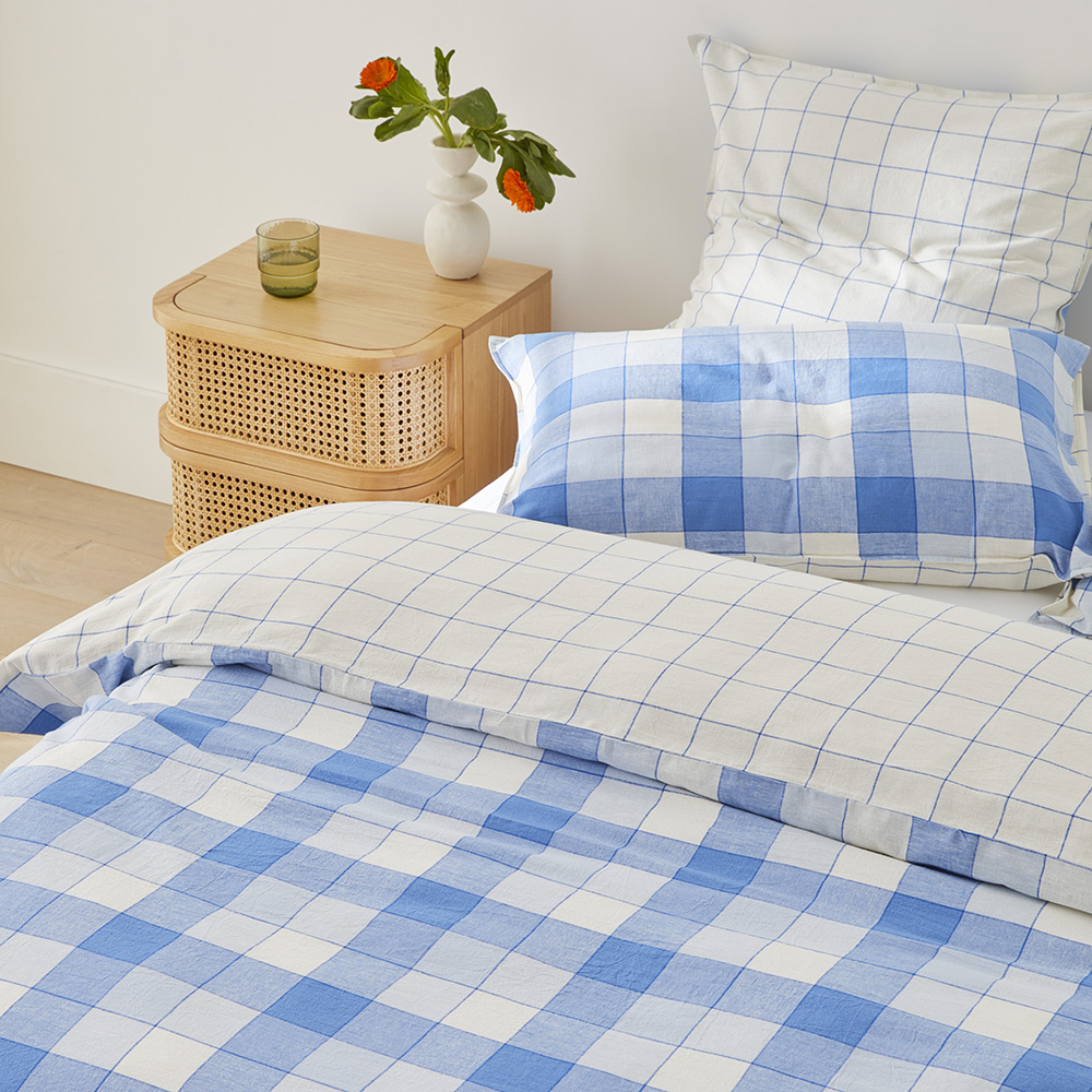 Vintage Washed Linen Cotton French Blue Check Quilt Cover Set ...