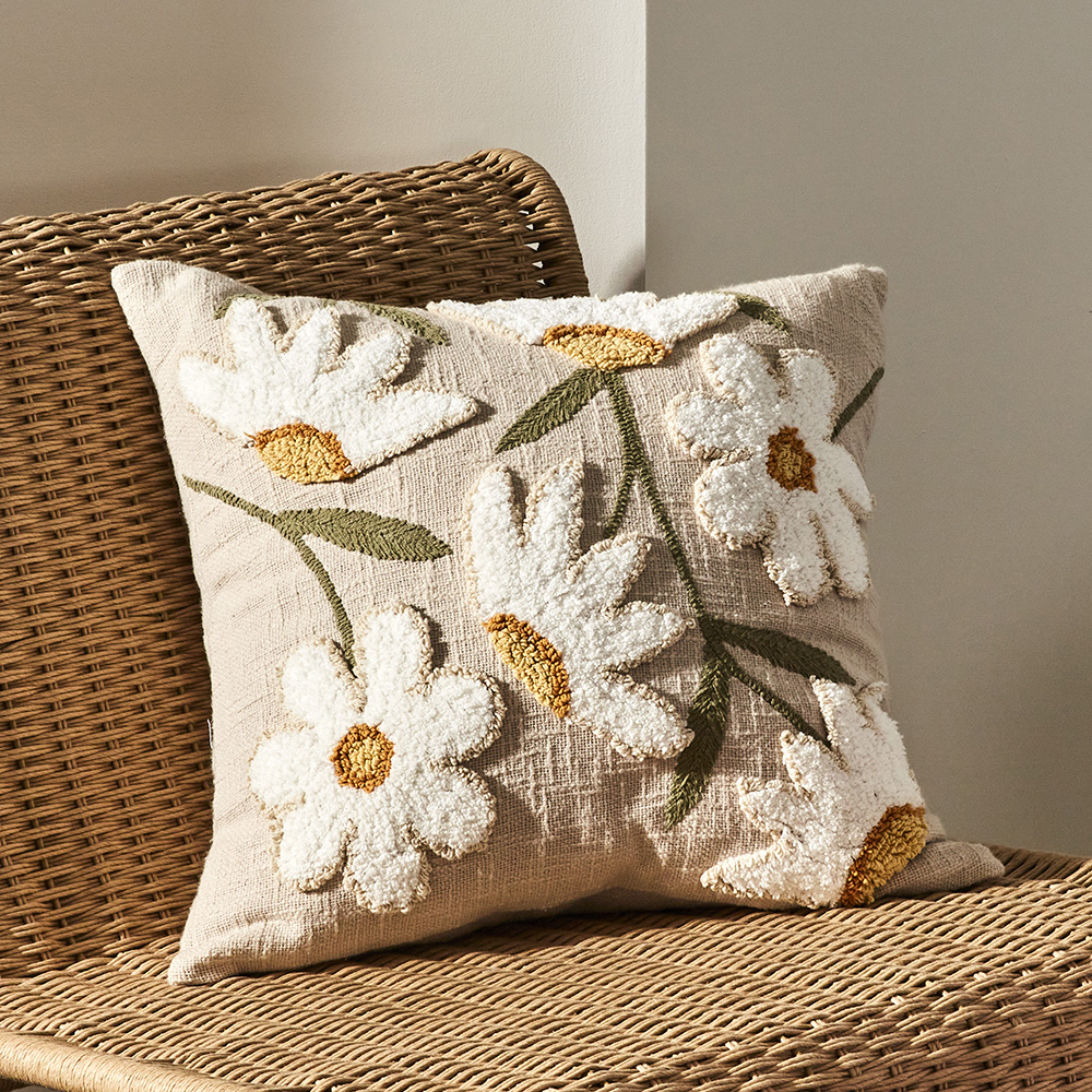 Priya Floral Natural Tufted Cushion | Adairs