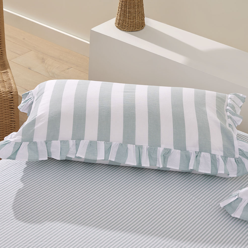 Ruffle Mint Blue Stripe Pillowcases | Adairs
