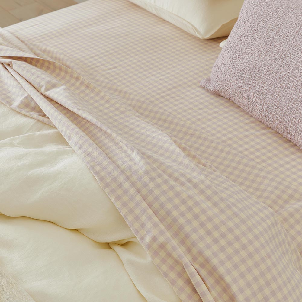 Stonewashed Cotton Printed Dusty Lemon Gingham Sheet Separates | Adairs