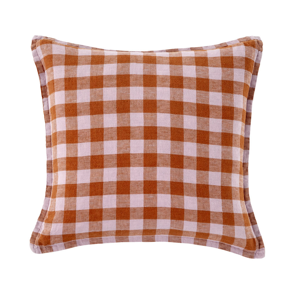 Belgian Check Vintage Washed Linen Lilac & Ginger Check Cushion | Adairs