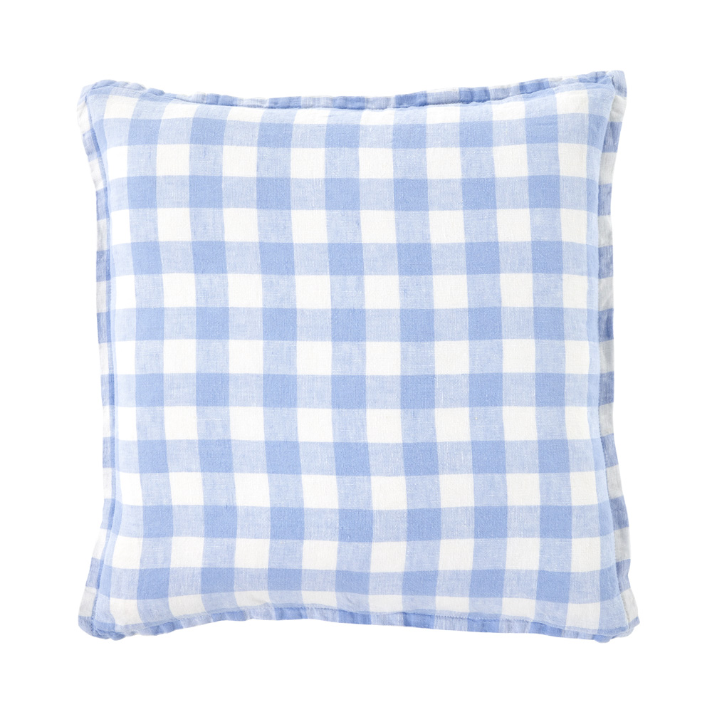Belgian Pacific Blue & White Check Vintage Washed Linen Cushion | Adairs