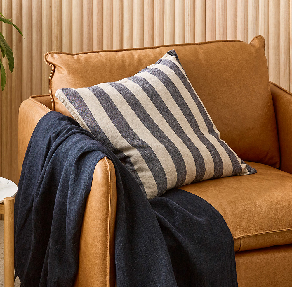 Belgian Navy & Linen Stripe Vintage Washed Linen Cushion | Adairs