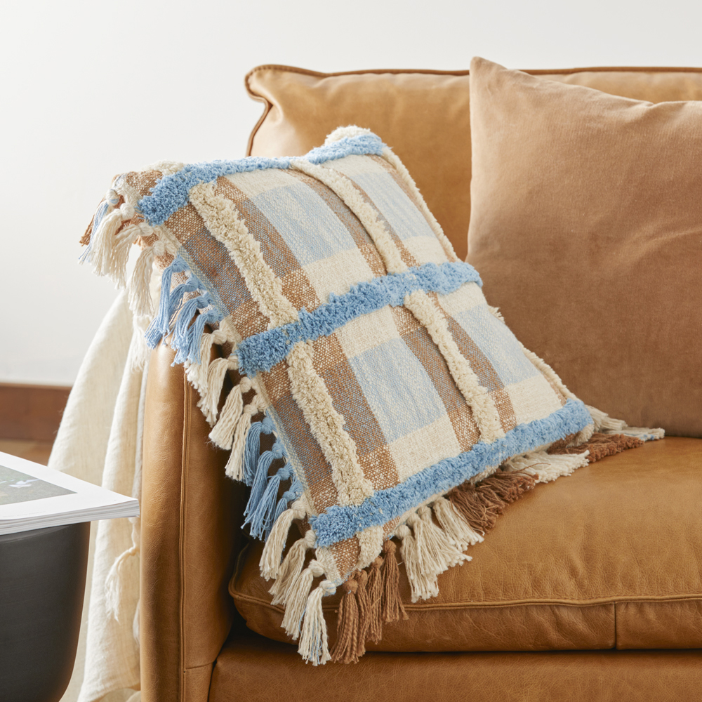 Ani Natural & Blue Check Cushion | Adairs