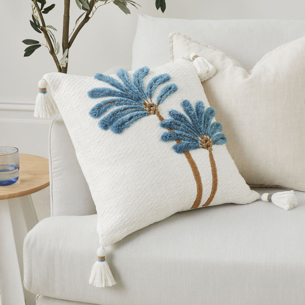 OLD Falls Palm White and Blue Cushion | Adairs