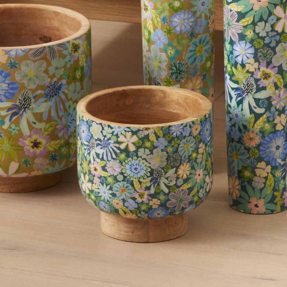 Sia Floral Blue Timber Pot | Adairs