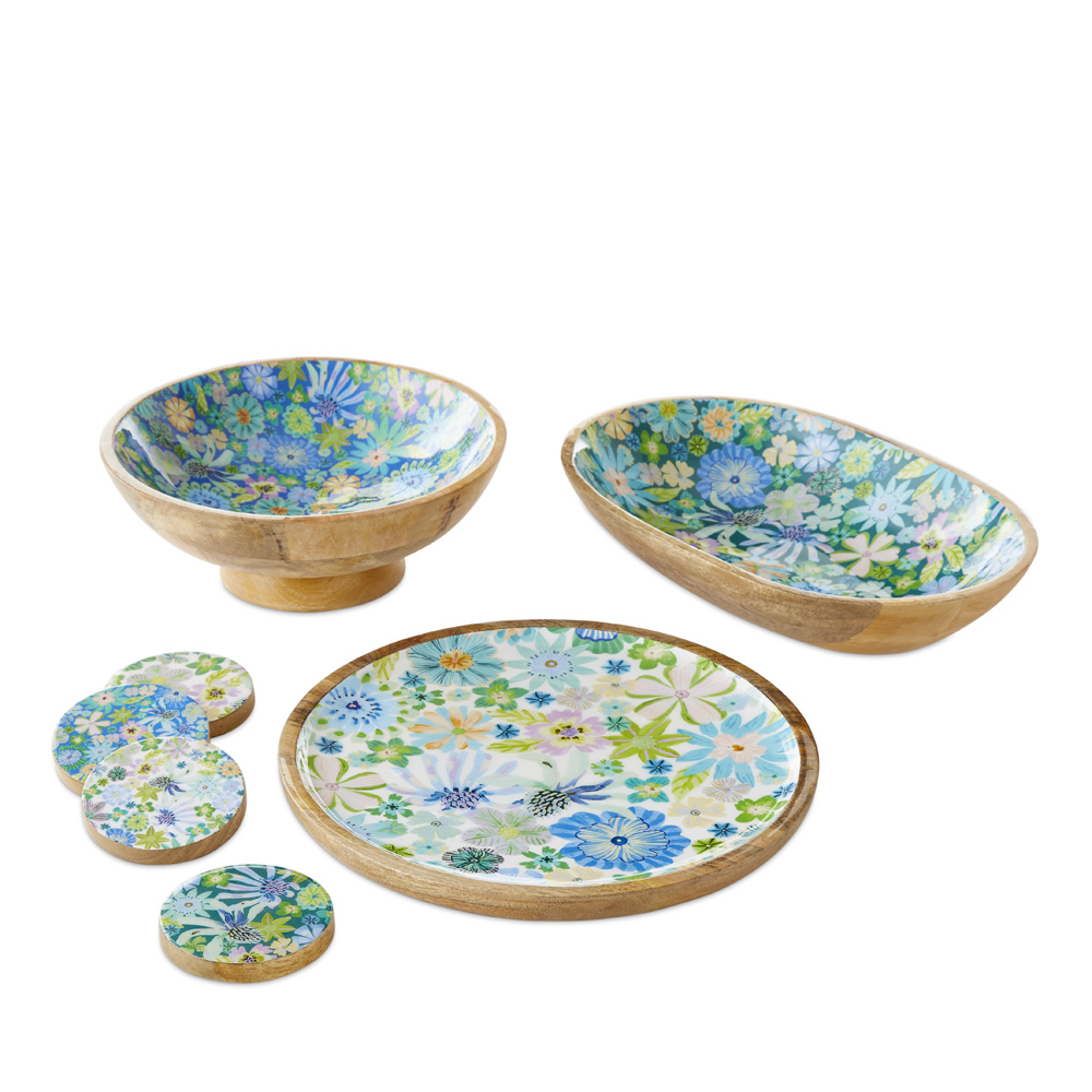 Sia Floral White Timber Round Flat Tray | Adairs