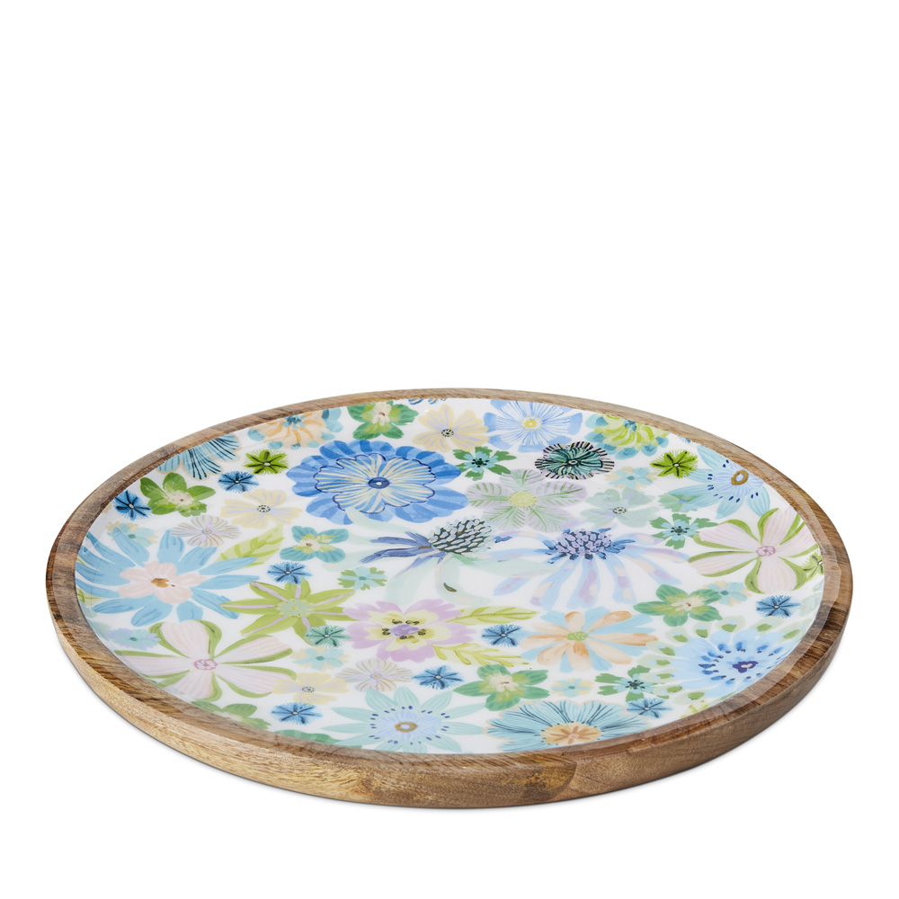 Sia Floral White Timber Round Flat Tray | Adairs