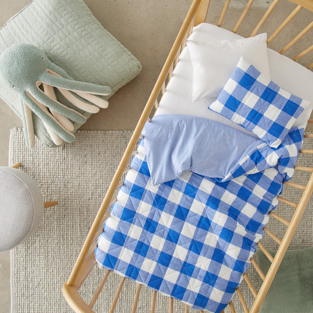 Adairs Kids - Mickey Gingham Cobalt Quilted Cot Quilt Cover Set | Adairs