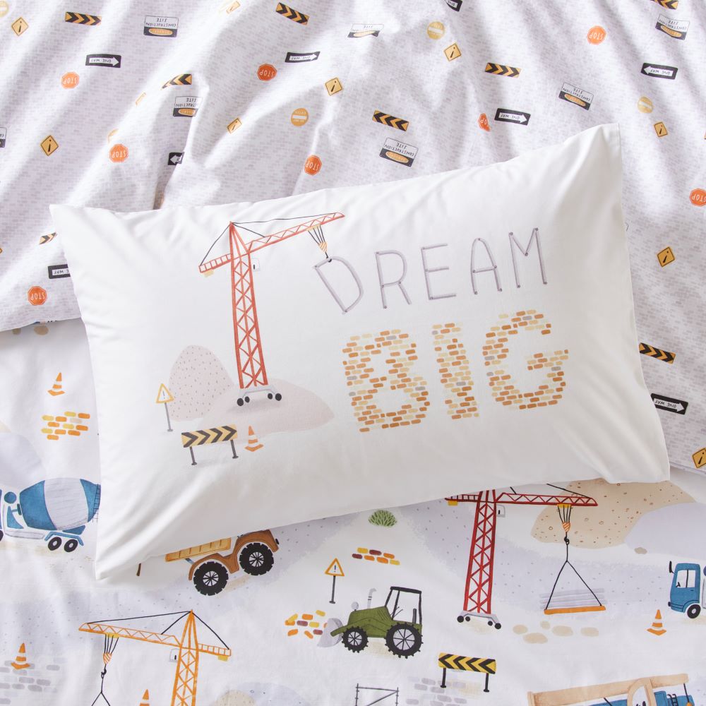 Adairs Kids - Dream Big Digger White Text Pillowcase | Adairs