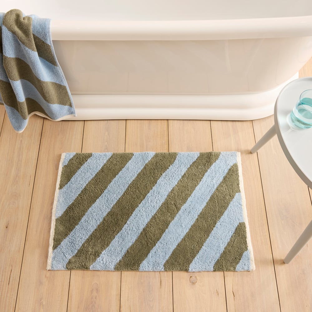 Moss Rug For Bathroom Moss & Chambray Blue Diagonal Stripe Bath Mat