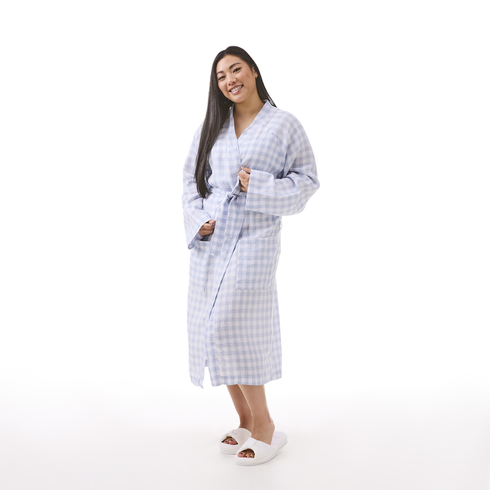 Vintage Washed Linen Dusty Blue Check Robe | Adairs